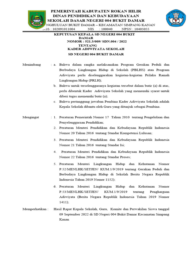 Contoh SK Kader Adiwiyata Sekolah | PDF