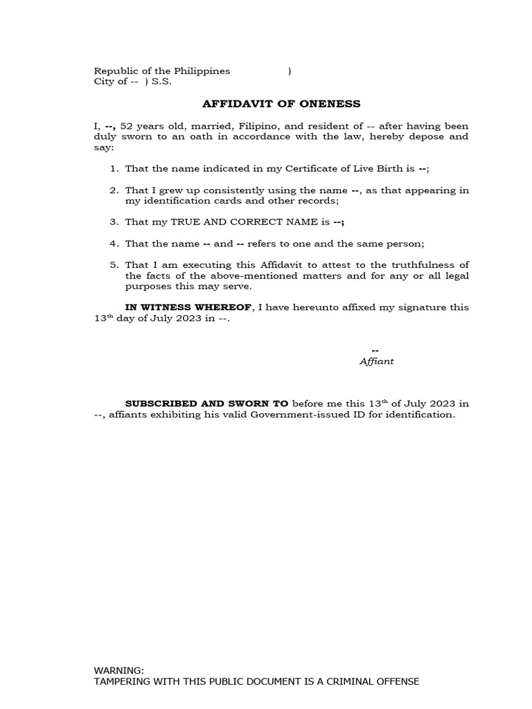 Sample Affidavit of Oneness | PDF