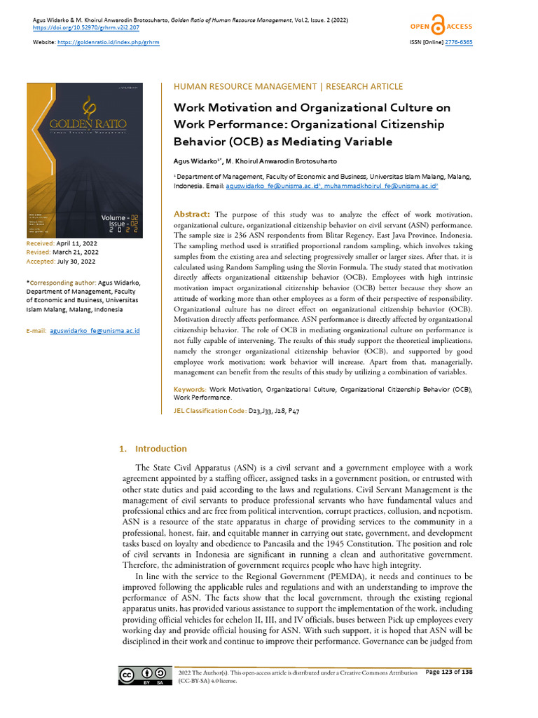 Work Motivation and Organizational Culture On Work Performance: Organizational Citizenship ...