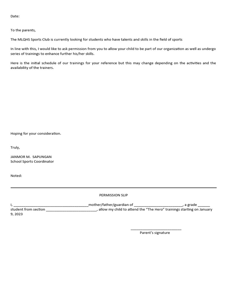 Parent Permission for Sports Training | PDF