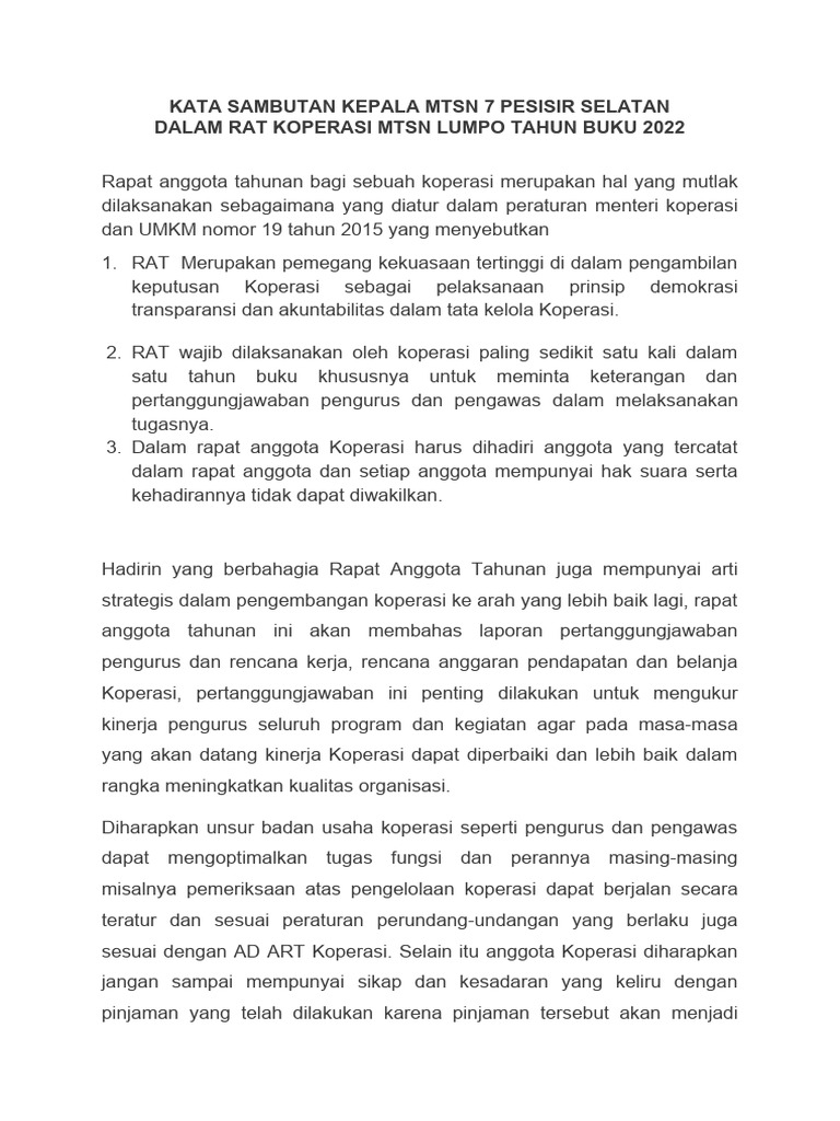 Kata Sambutan Saat RAT Koperasi Tahun 2023 | PDF