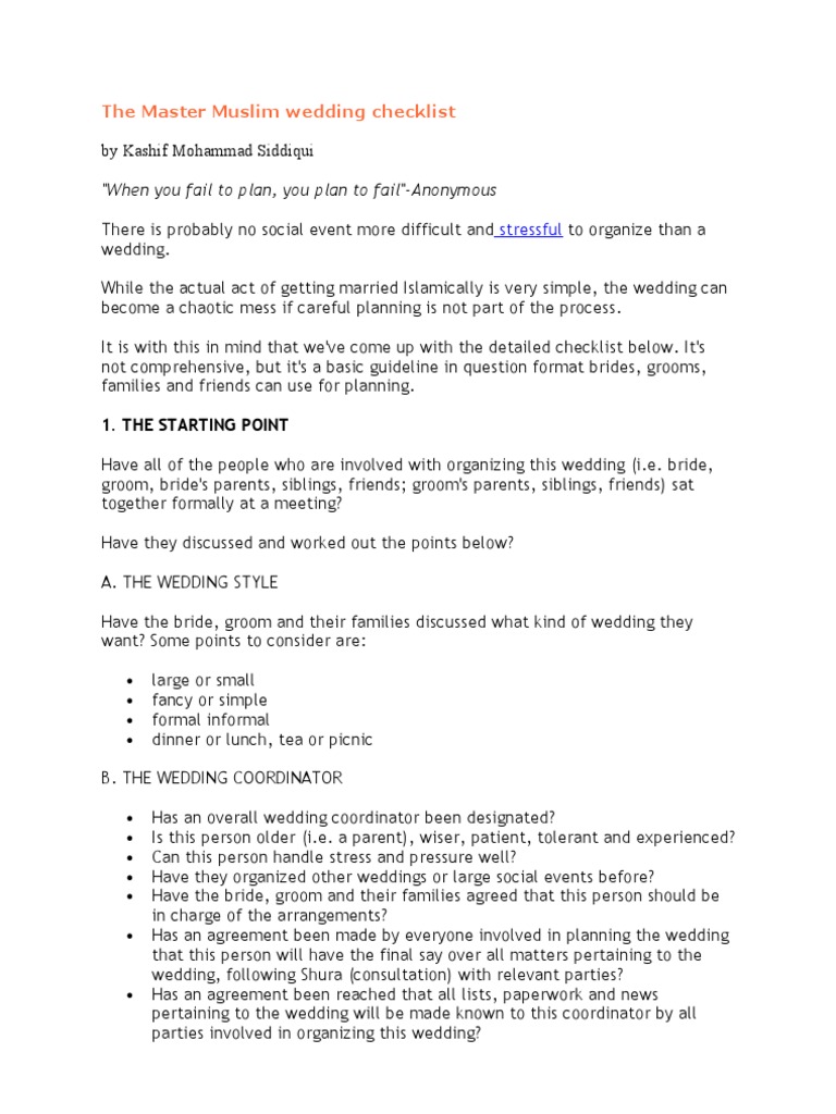 The Master Muslim Wedding Checklist | PDF | Wedding | Marriage
