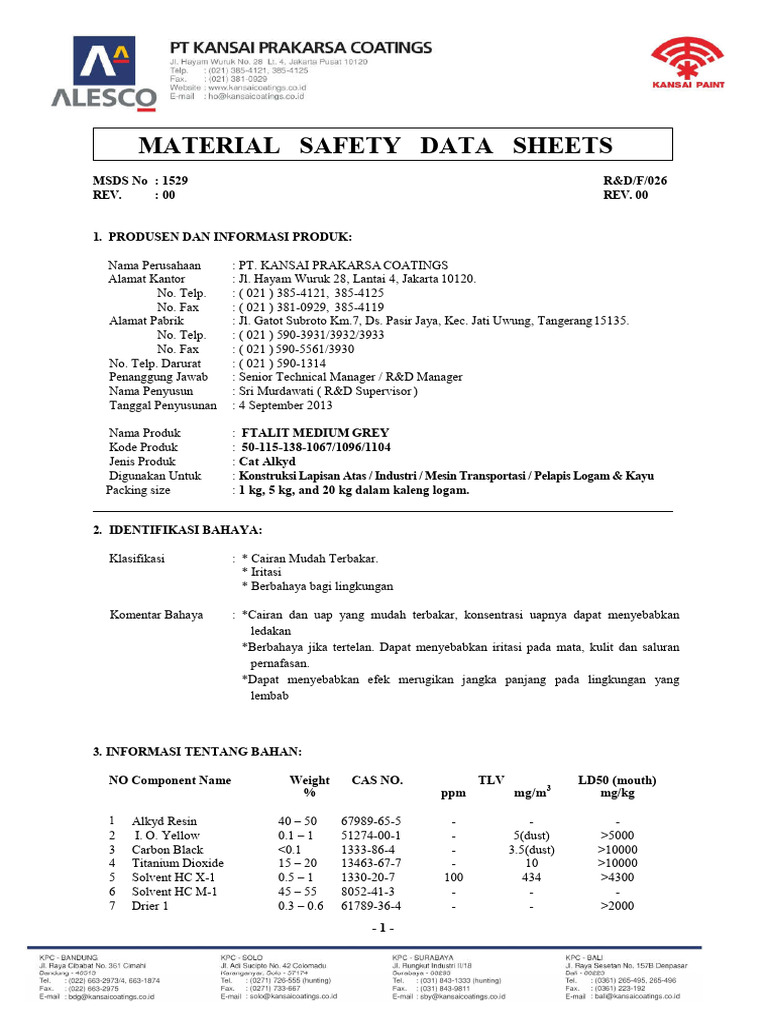 MSDS - Cat Ftalite Ex. Kansai Paint - 115-138 | PDF