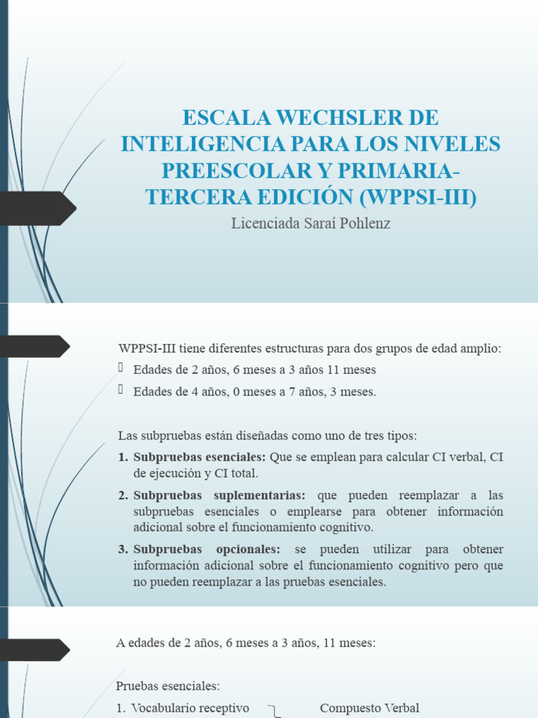 Escala Wechsler de Inteligencia para Los Niveles Preescolar | PDF | Cociente de inteligencia ...