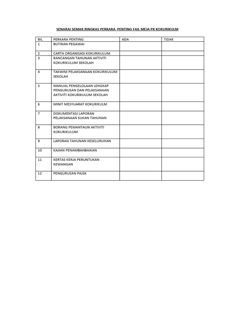 Senarai Semak Ringkas Perkara Penting Fail Meja PK Kokurikulum | PDF