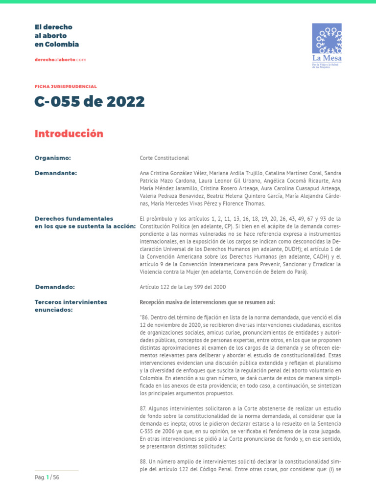 Ficha Jurisprudencial C 055 de 2022 | PDF | Aborto | Derecho penal