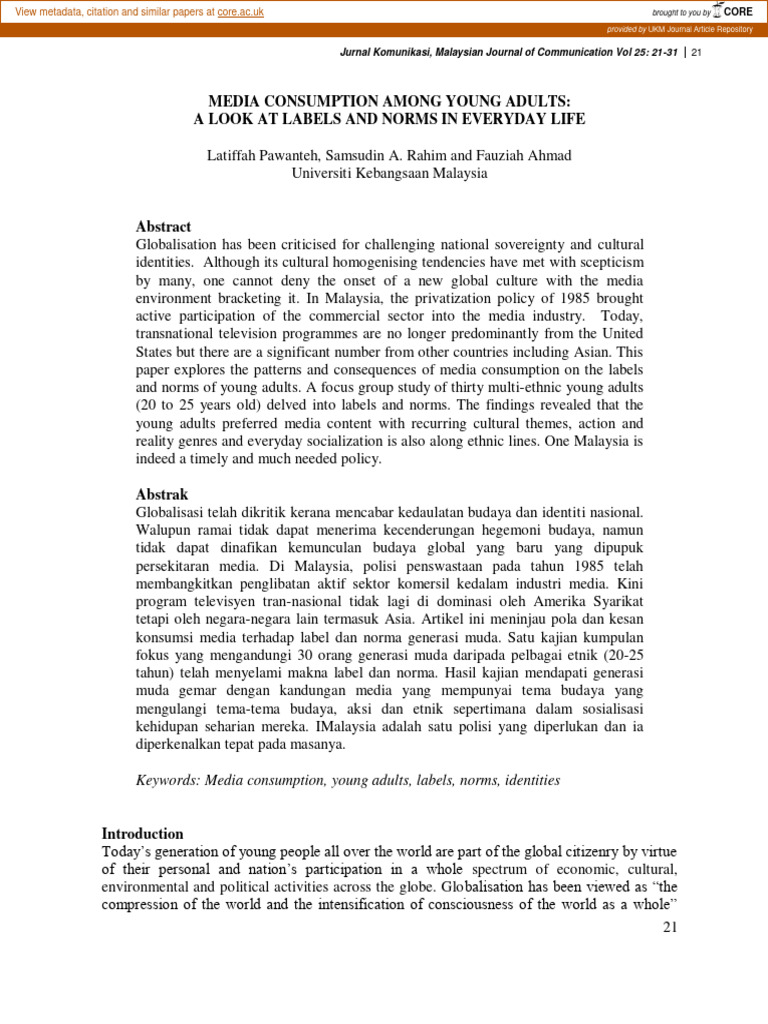 Media Consumption Among Young Adults: A Look at Labels and Norms in ...