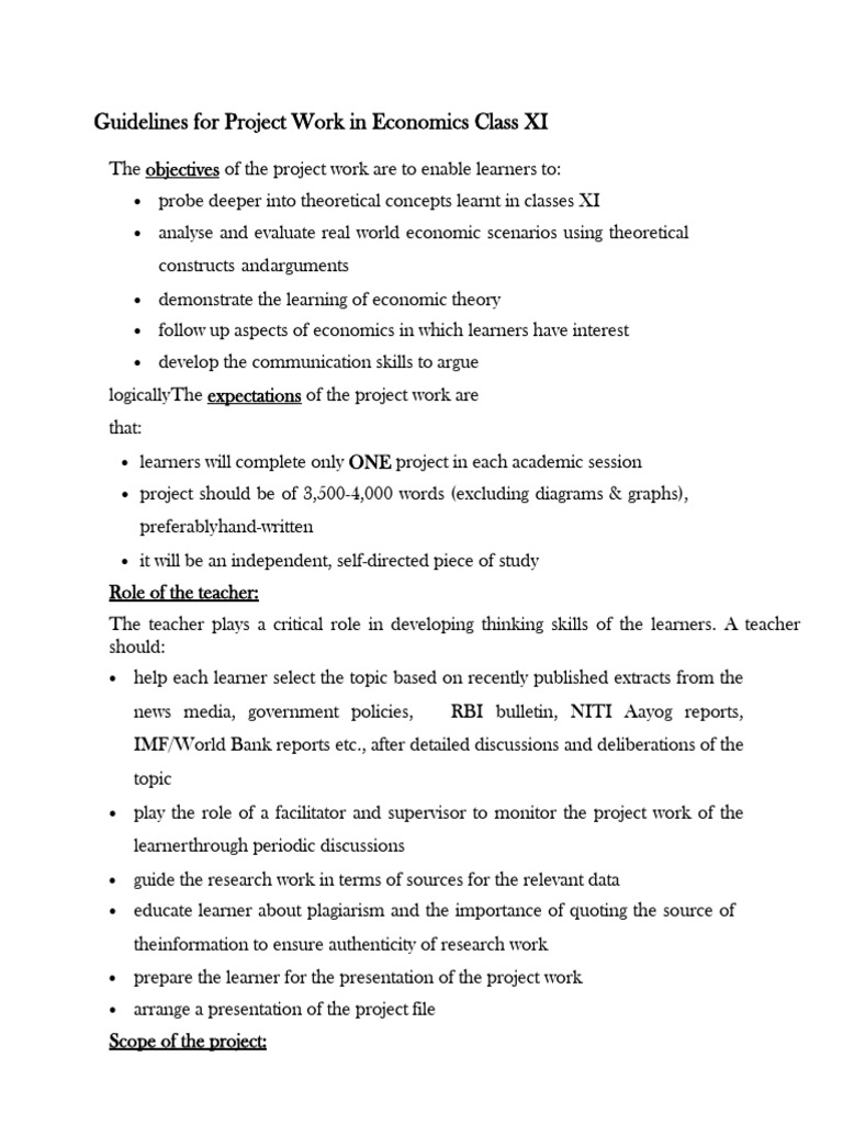 Guidelines For Project Work in Economics Class XI | PDF | Learning | Economics