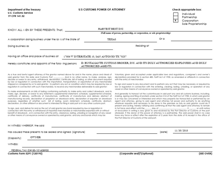 Power of Attorney - doc-HARVEST BEST INC (Firmar) | PDF | Customs ...
