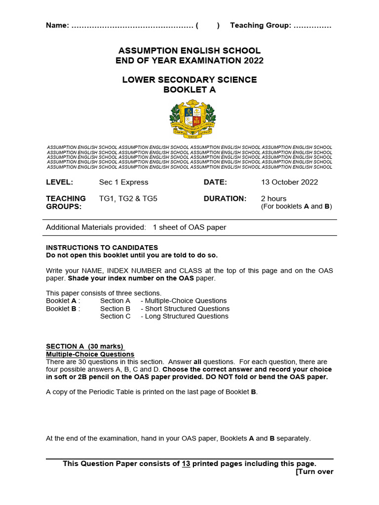 AES Sec 1 2022 EOY Booklet A | PDF | Mixture | Chemical Substances