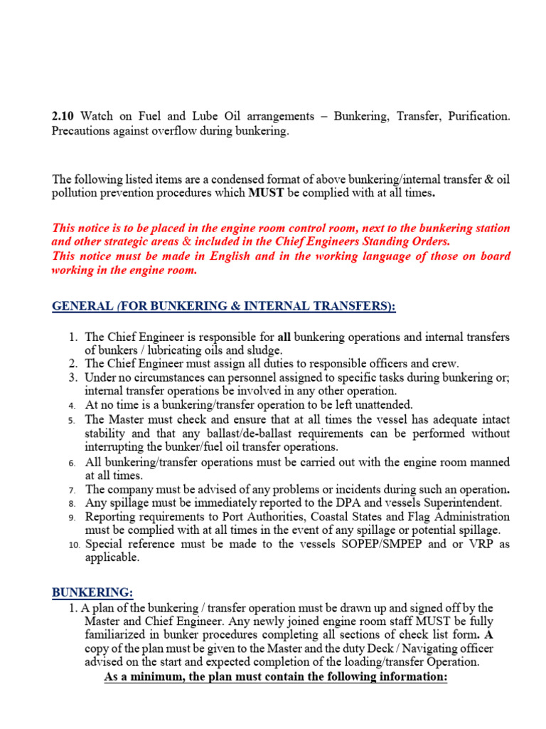 2.10-Watch On Bunkering +transfer Operations | PDF | Fuel Oil
