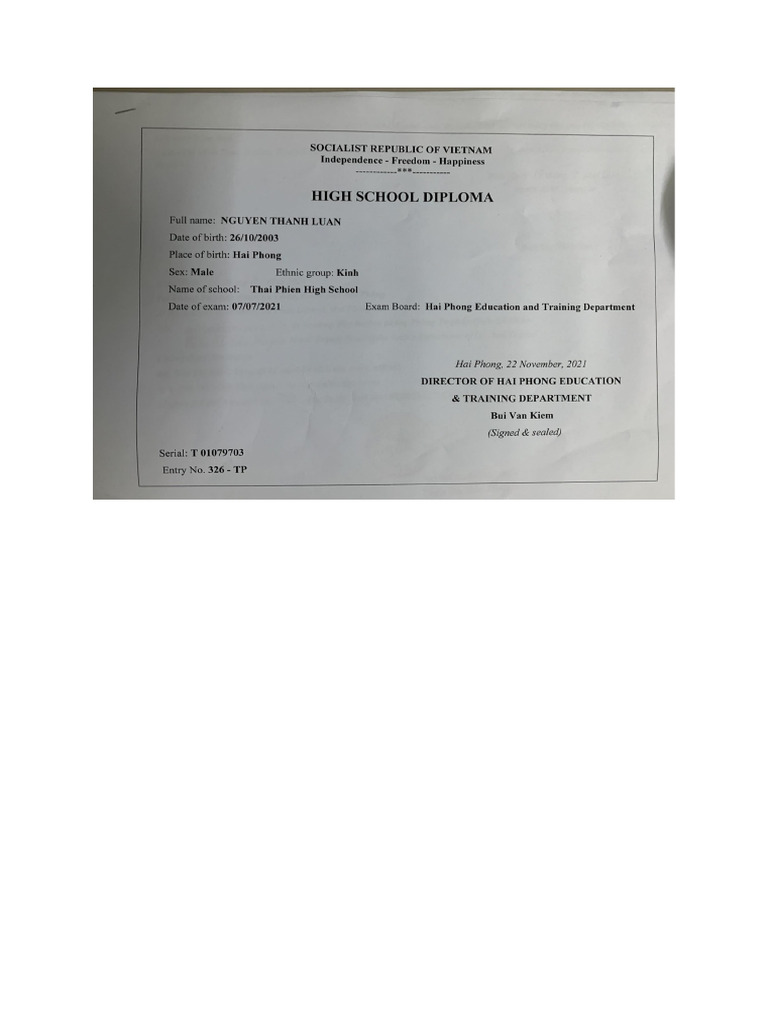 NGUYEN THANH LUAN - High School Diploma | PDF