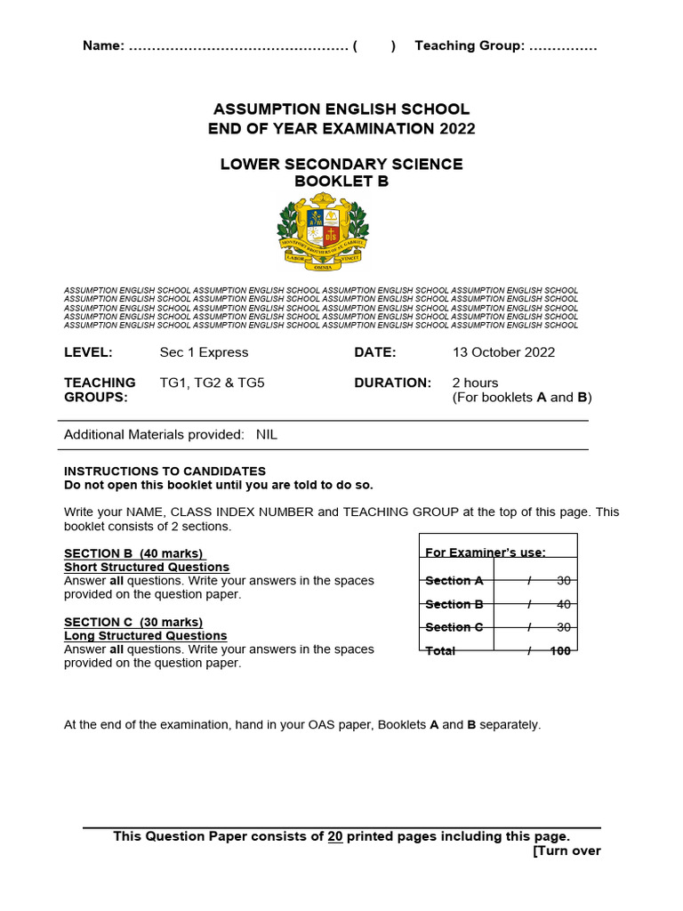 Aes Sec 1 2022 Eoy Booklet B | PDF | Atoms | Isotope