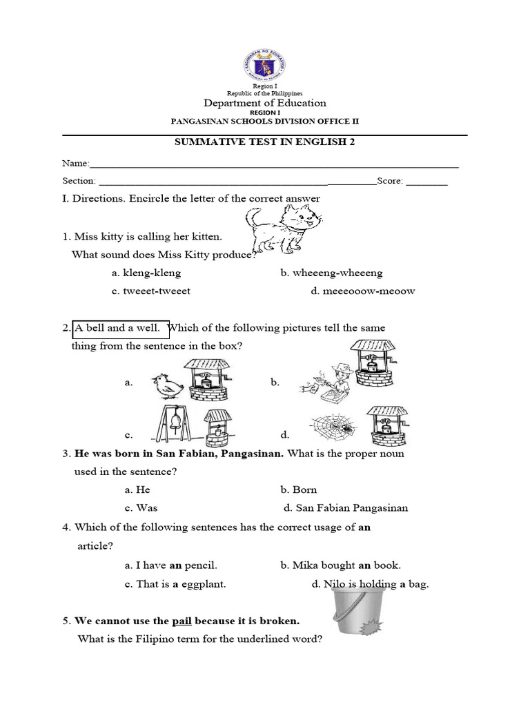 SUMMATIVE TEST Grade 2 ENGLISH | PDF | English Language | Word