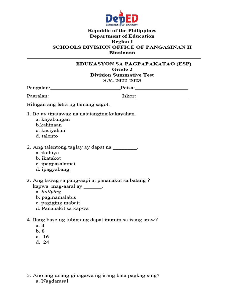 Esp 2 Filipino Division Summative Test | PDF