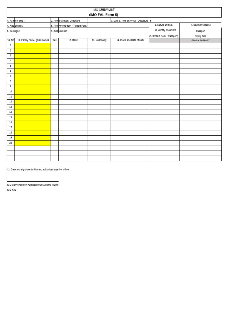 IMO Crew List Template (FAL Form 5) | PDF