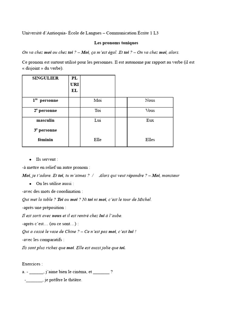 Pronoms toniques et structures grammaticales | PDF | Question ...