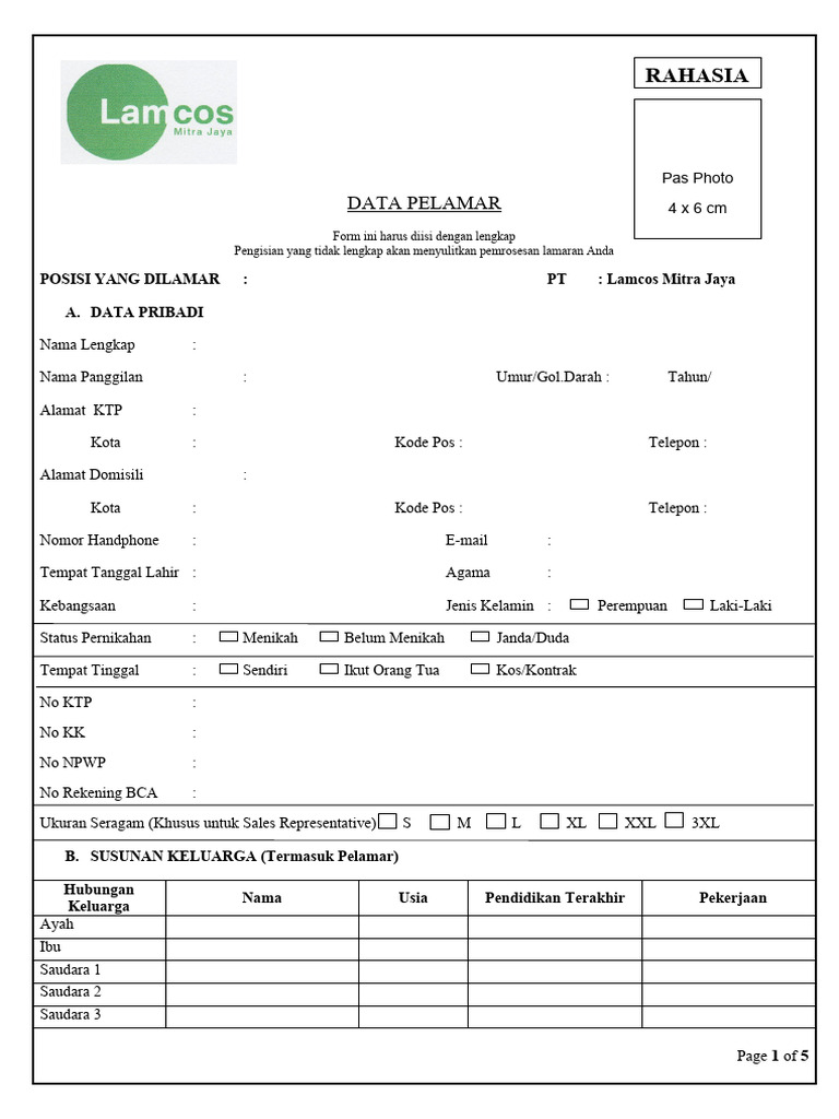 Form Data Pelamar (New) | PDF