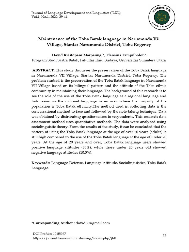 Maintenance of The Toba Batak Language in Narumonda Vii Village ...