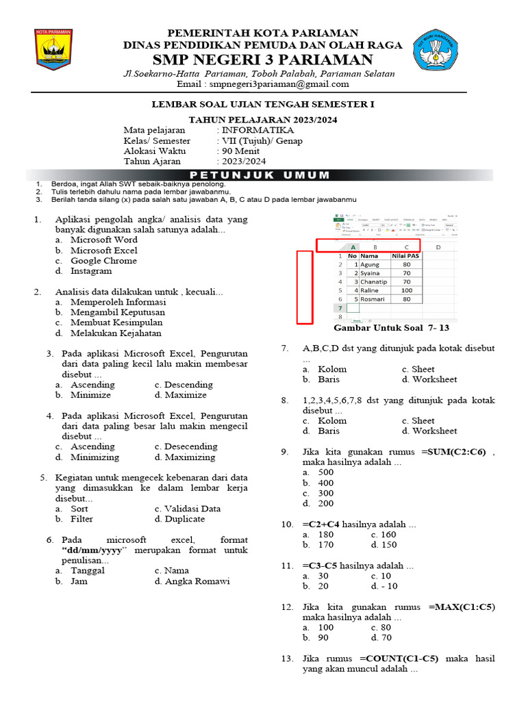 SOAL UAS SEM 2 Informatika Kelas 7 - Rido Budiman, S.PD | PDF