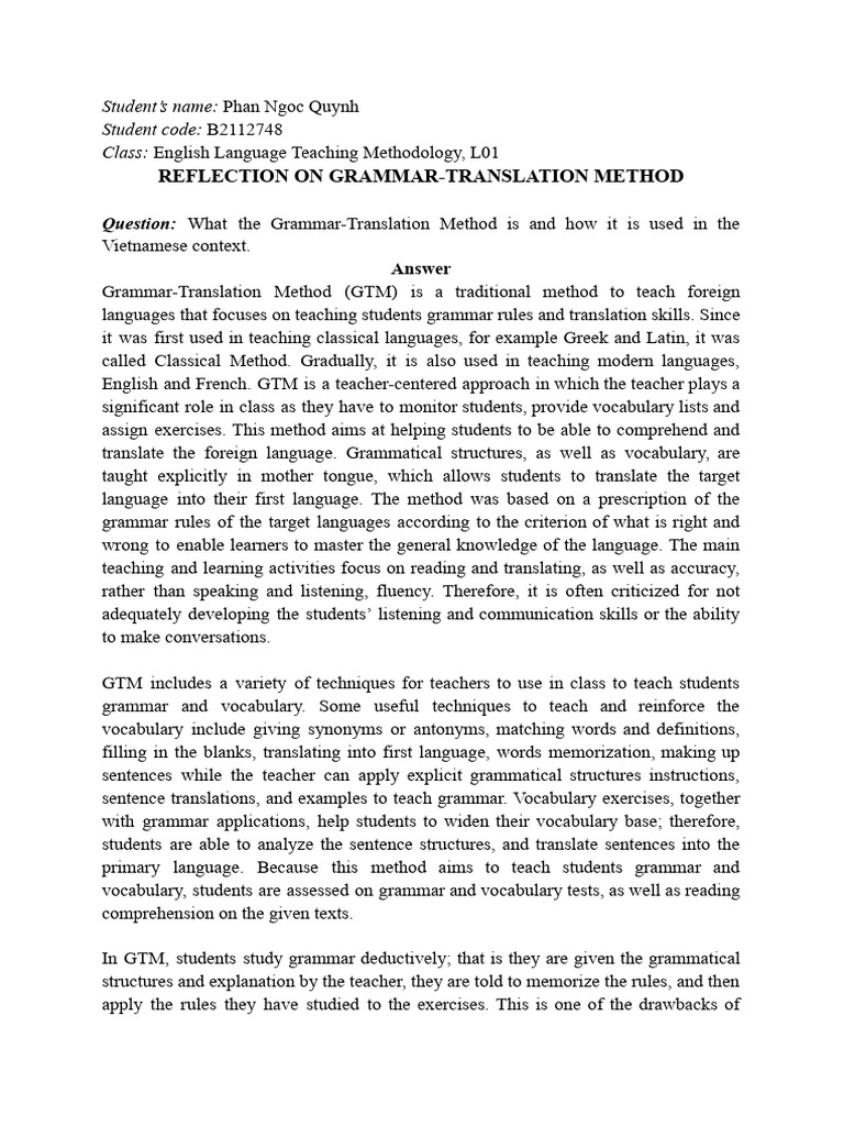 Reflection On Grammar-Translation Method | PDF | Second Language | Language Acquisition