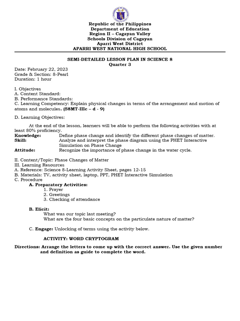 Semidetailed Lesson Plan in Science 8 | PDF | Phase (Matter) | Freezing