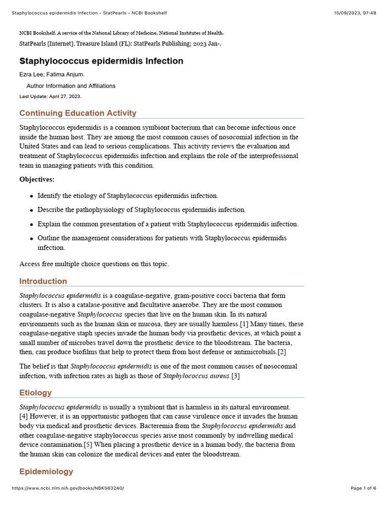 Staphylococcus Epidermidis Infection - StatPearls - NCBI Bookshelf | PDF