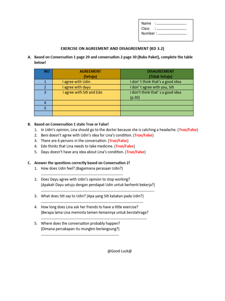 Exercise On Agreement and Disagreement Kelas 9 | PDF