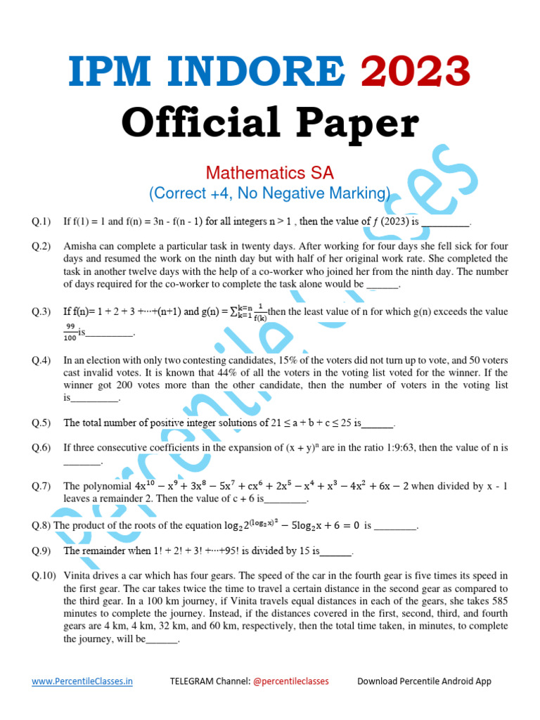 IPM Indore 2023 Original Paper With Answer Key | PDF