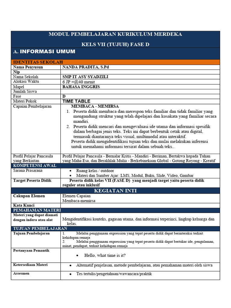 Time Table 7 | PDF | Sains & Matematika