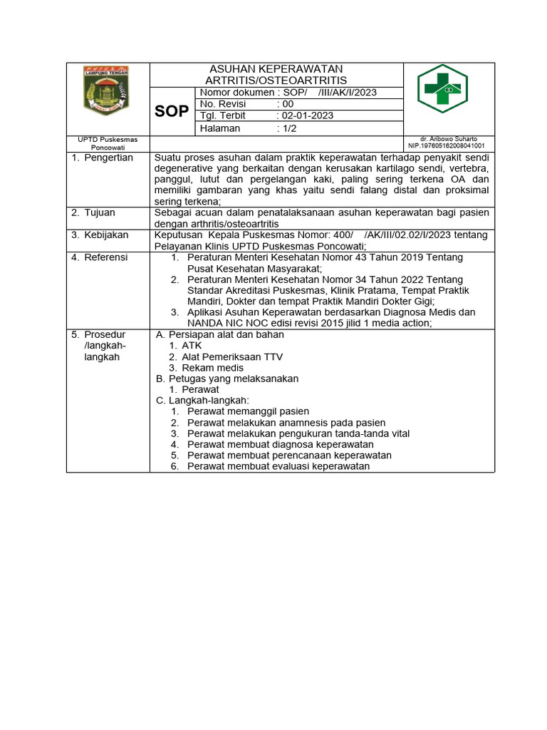 Sop Askep Artritis (Osteoartritis) | PDF