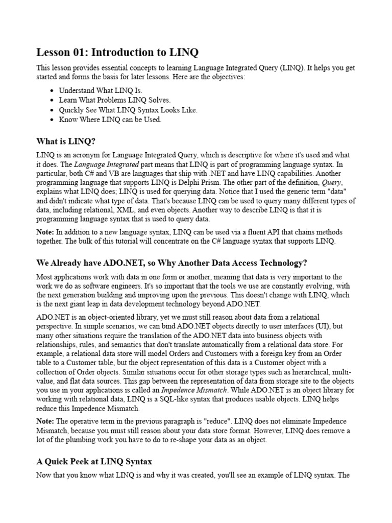 Lesson 01 Introduction To LINQ | PDF | Language Integrated Query | Entity Framework