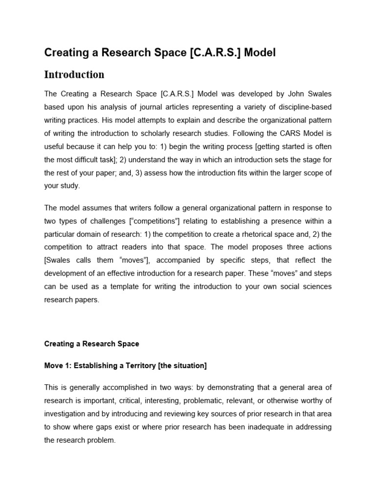 Creating A Research Space (C.A.R.S.) Model | PDF | Knowledge | Academic ...