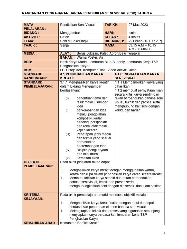 RPH PSV Tahun 4 Ikhlas Minggu 9 | PDF | Seni