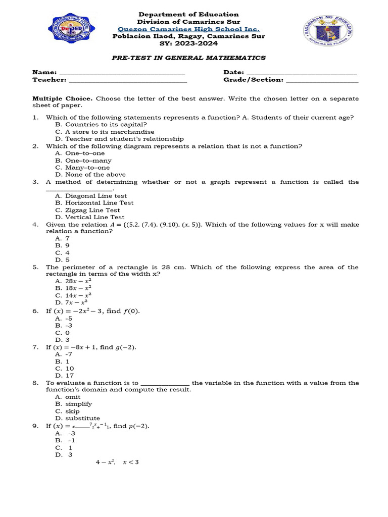 Gen. Math Pretest | PDF