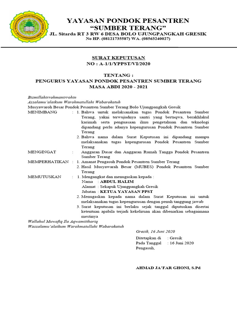 Surat Keputusan Pengurus Yayasan | PDF