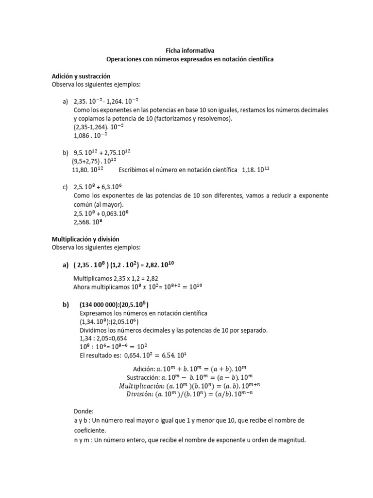 Operaciones Con Numeros Expresados en Notacion Cientifica | PDF