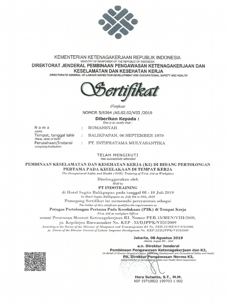 8.1 - b1. SERTIFIKAT P3K KEMENAKER ROMANSYAH 2019 | PDF