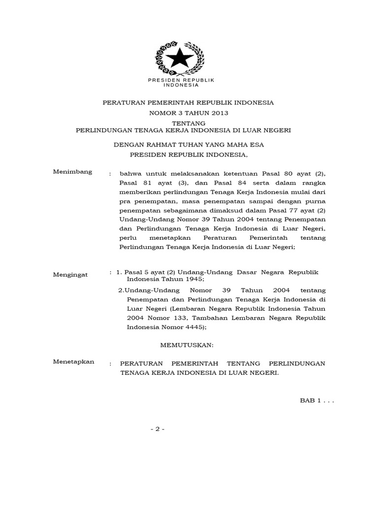 PP - 3 - Tahun 2013 Perlindungan TKI Di LN | PDF