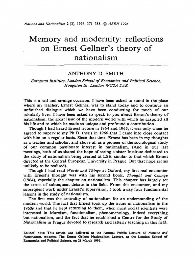 Anthony D. Smith, “Memory and Modernity- Reflections on Ernest Gellner ...