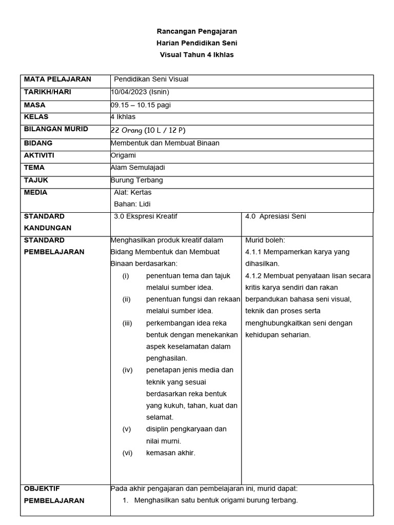 RPH PSV Tahun 4 Ikhlas Minggu 11 | PDF