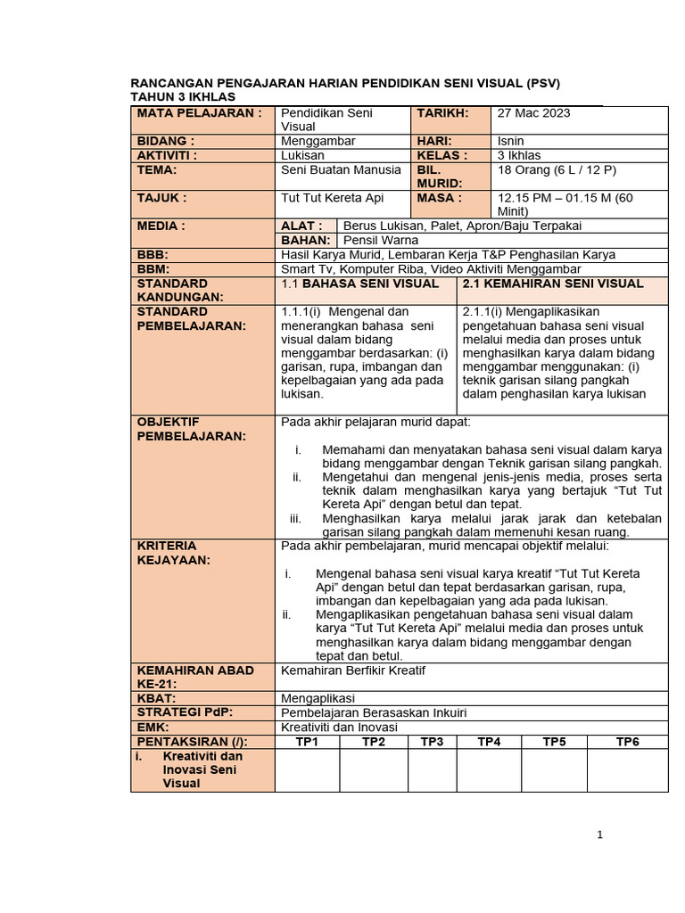 RPH PSV Tahun 3 Ikhlas Minggu 9 | PDF