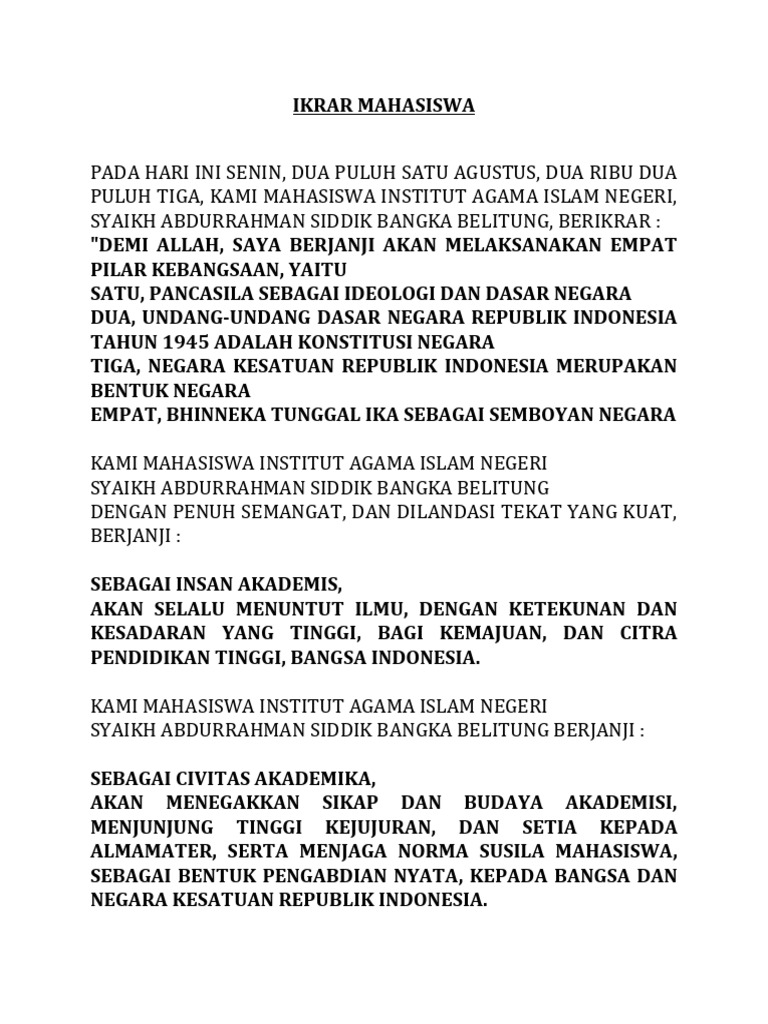 Fix Ikrar Mahasiswa Baru Pbak 2023 | PDF