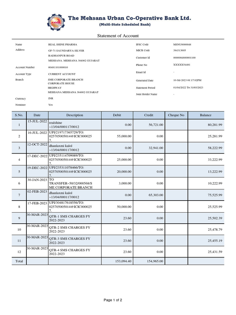 Statement of Account | PDF | Cheque | Debits And Credits