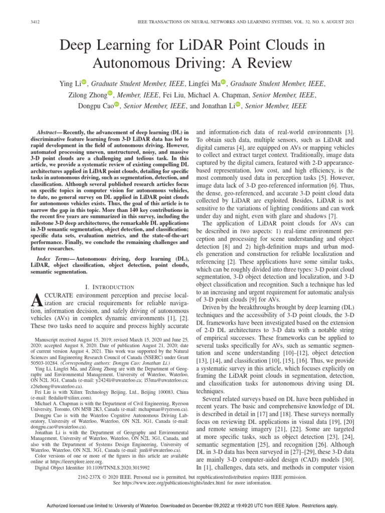 Deep Learning For LiDAR Point Clouds in Autonomous Driving A Review | PDF | Lidar | Image ...