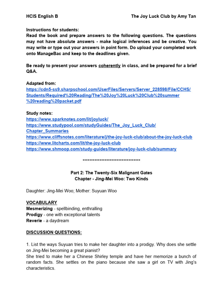 Student Guide: The Joy Luck Club | PDF
