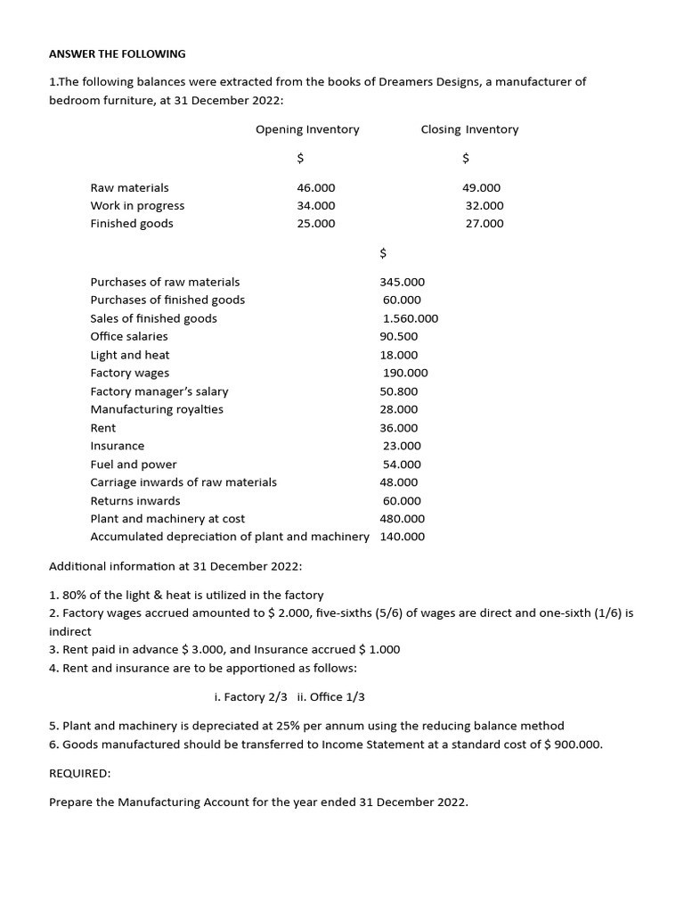 Manufacturing Accounts - Extra Questions - A Level | PDF | Cost | Inventory