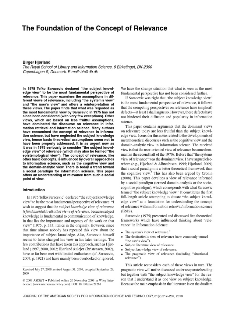 HJORLAND The Foundation of The Concept of Relevance | PDF | Relevance ...
