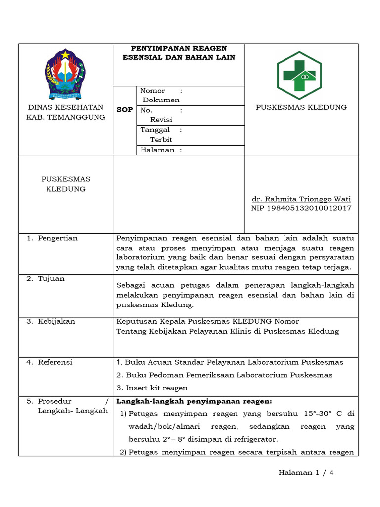 SOP PENYIMPANAN REAGEN ESENSIAL DAN BAHAN LAIN Ok | PDF