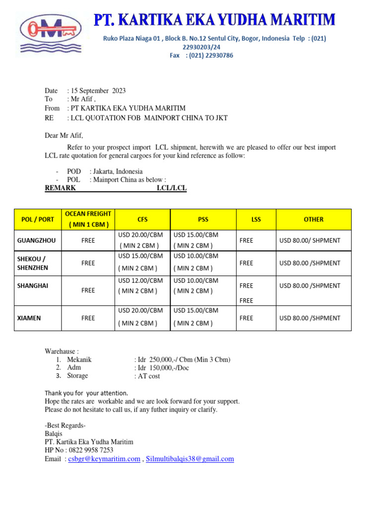 Quotation Mainport China Fob by LCL | PDF | Secondary Sector Of The ...